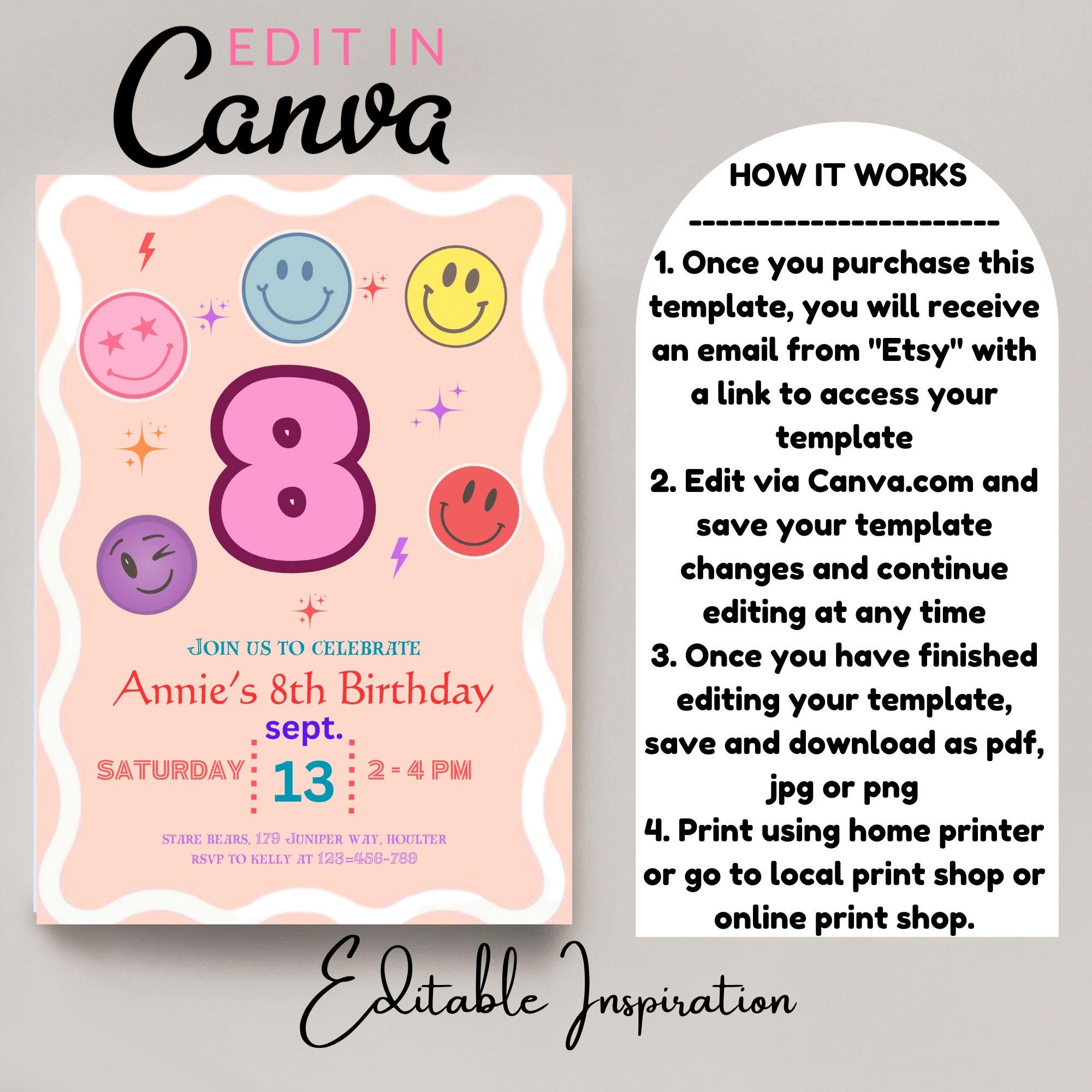 Editable Smiley Face Invite, Smiley Face Birthday, Emoji Invitation ...