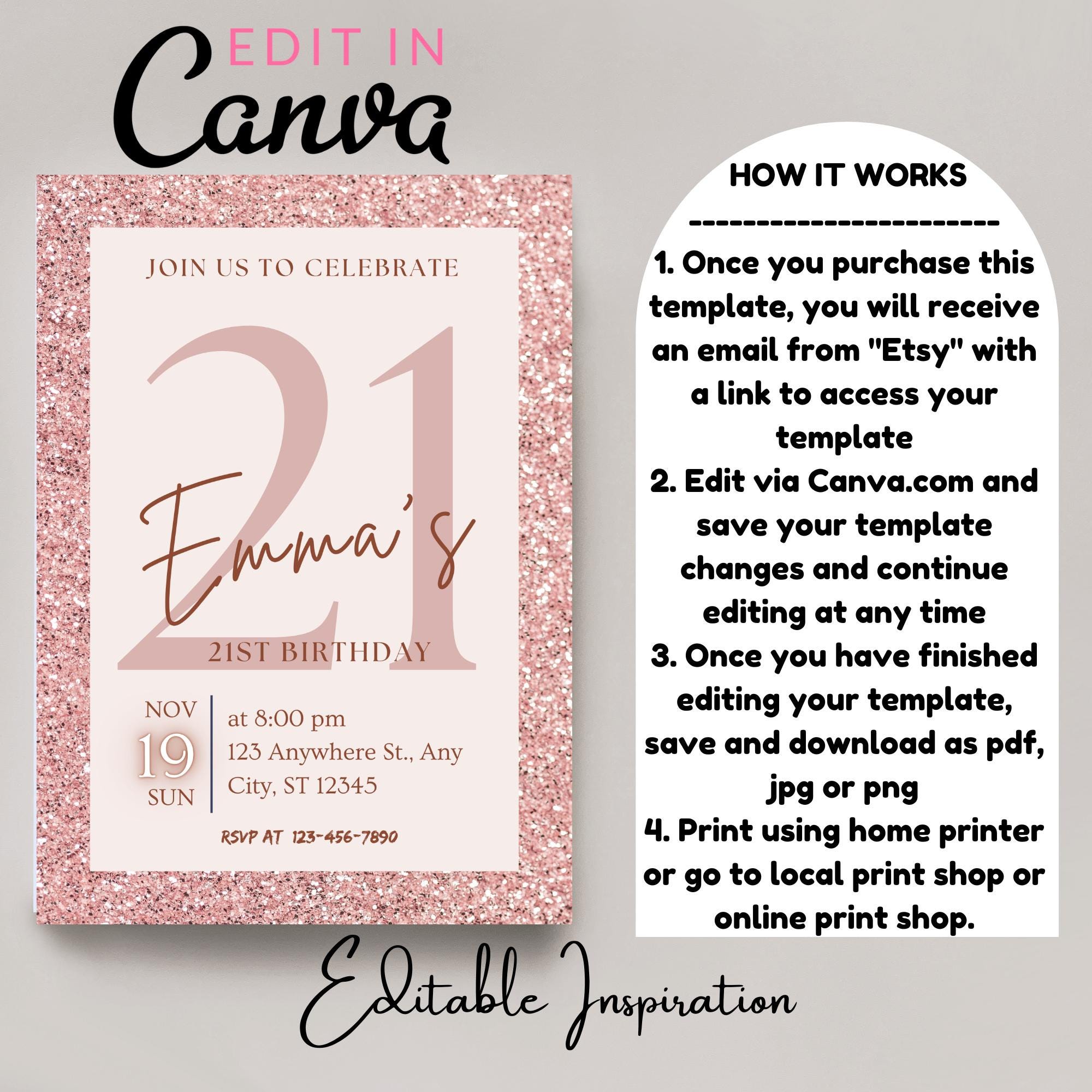 Editable 21st Birthday Invitation, Pink Glitter Birthday Invitation ...