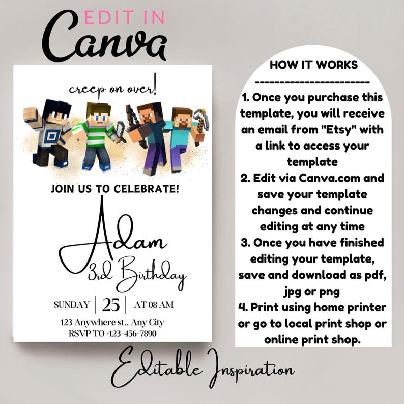 Editable Minecraft Birthday Invitation Personalized Mine Theme Birthday ...