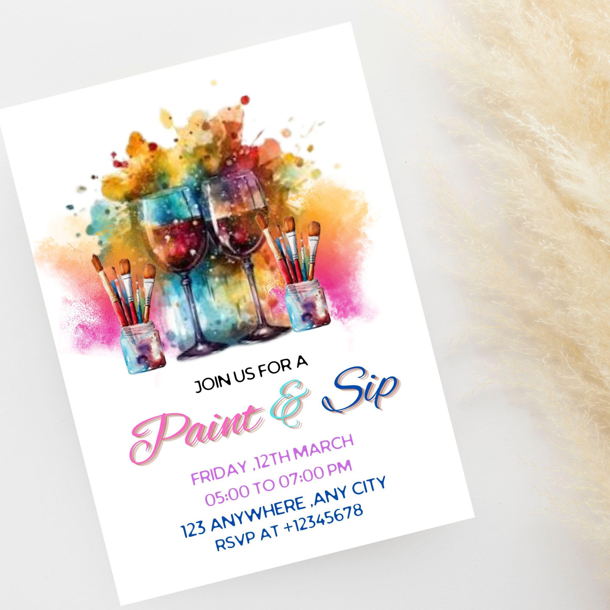 Paint and Sip Party Editable Canva Invitation, Paint Party, Sip and ...