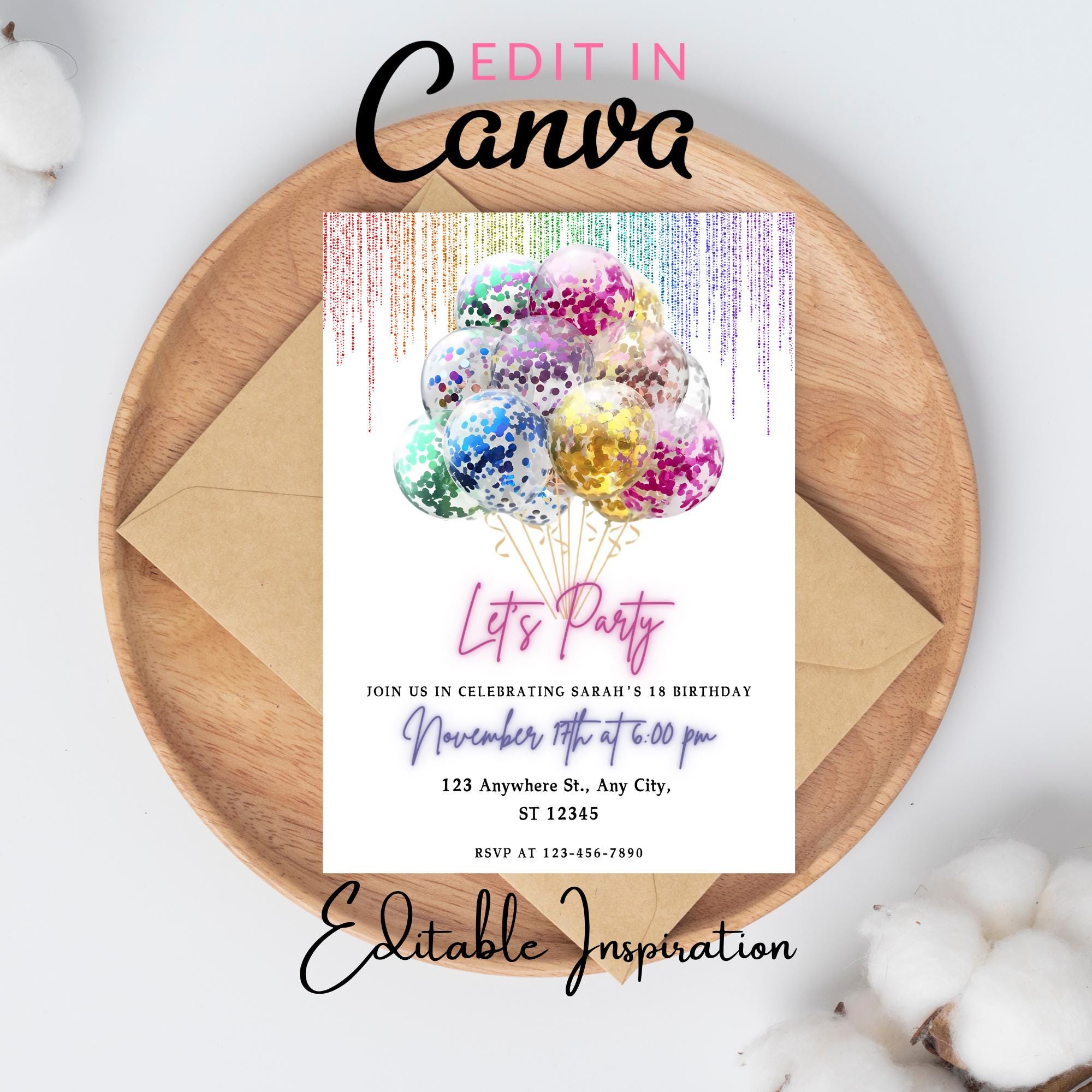 Editable Balloons Invitation, Let's Party Balloon Invite, Digital ...