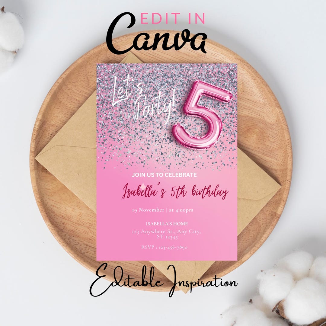 Editable Pink 5th Birthday Invitation Template Glitter Birthday Party ...