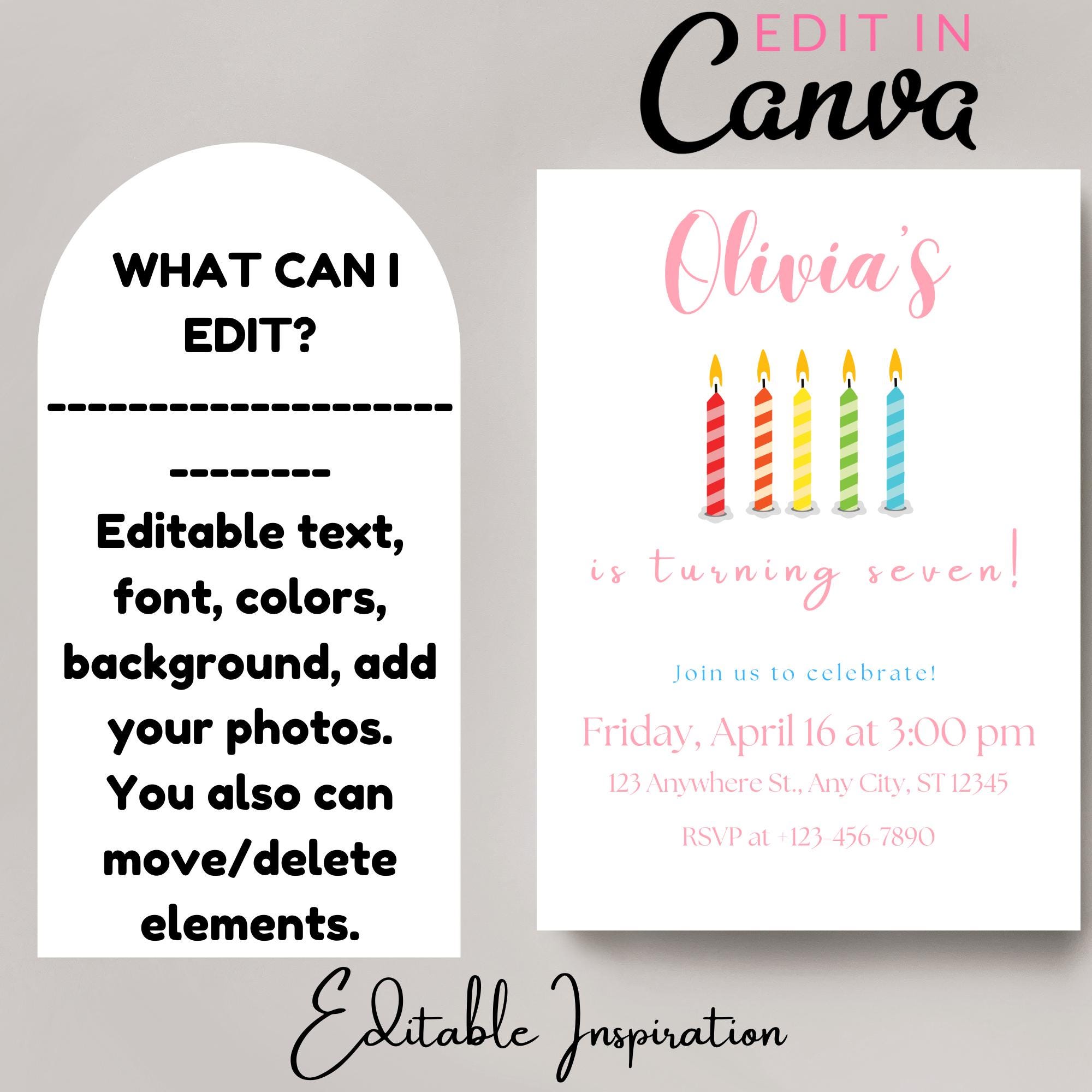 7th Birthday Invitation Canva Template, Custom Editable Printable ...