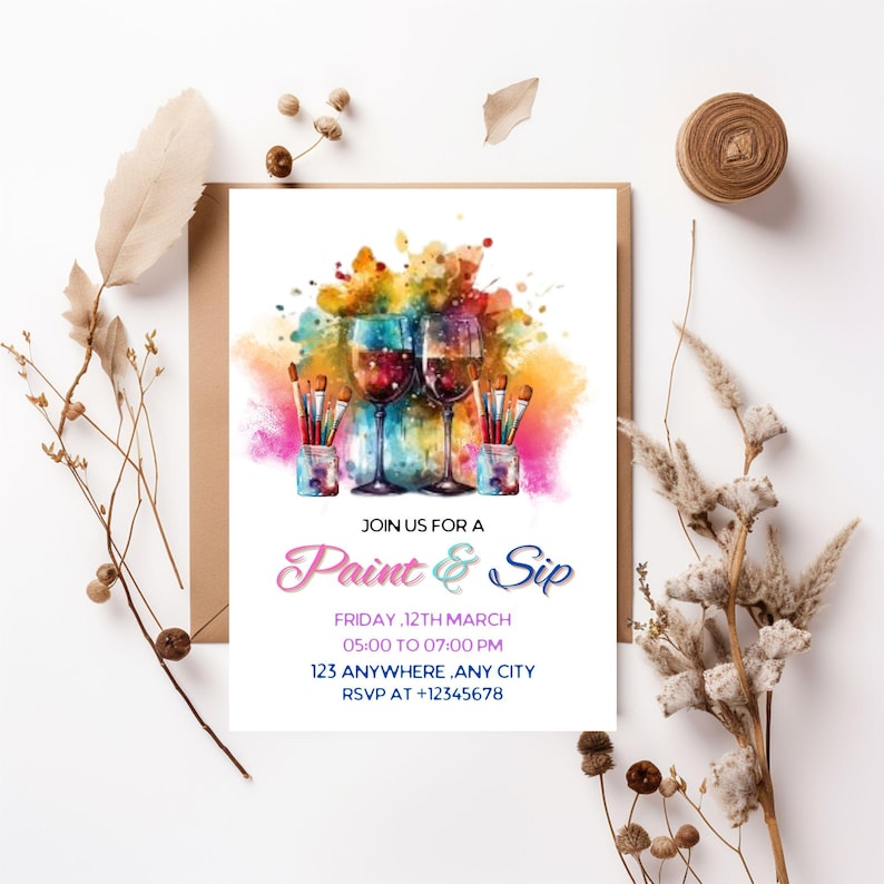 Paint and Sip Party Editable Canva Invitation, Paint Party, Sip and ...