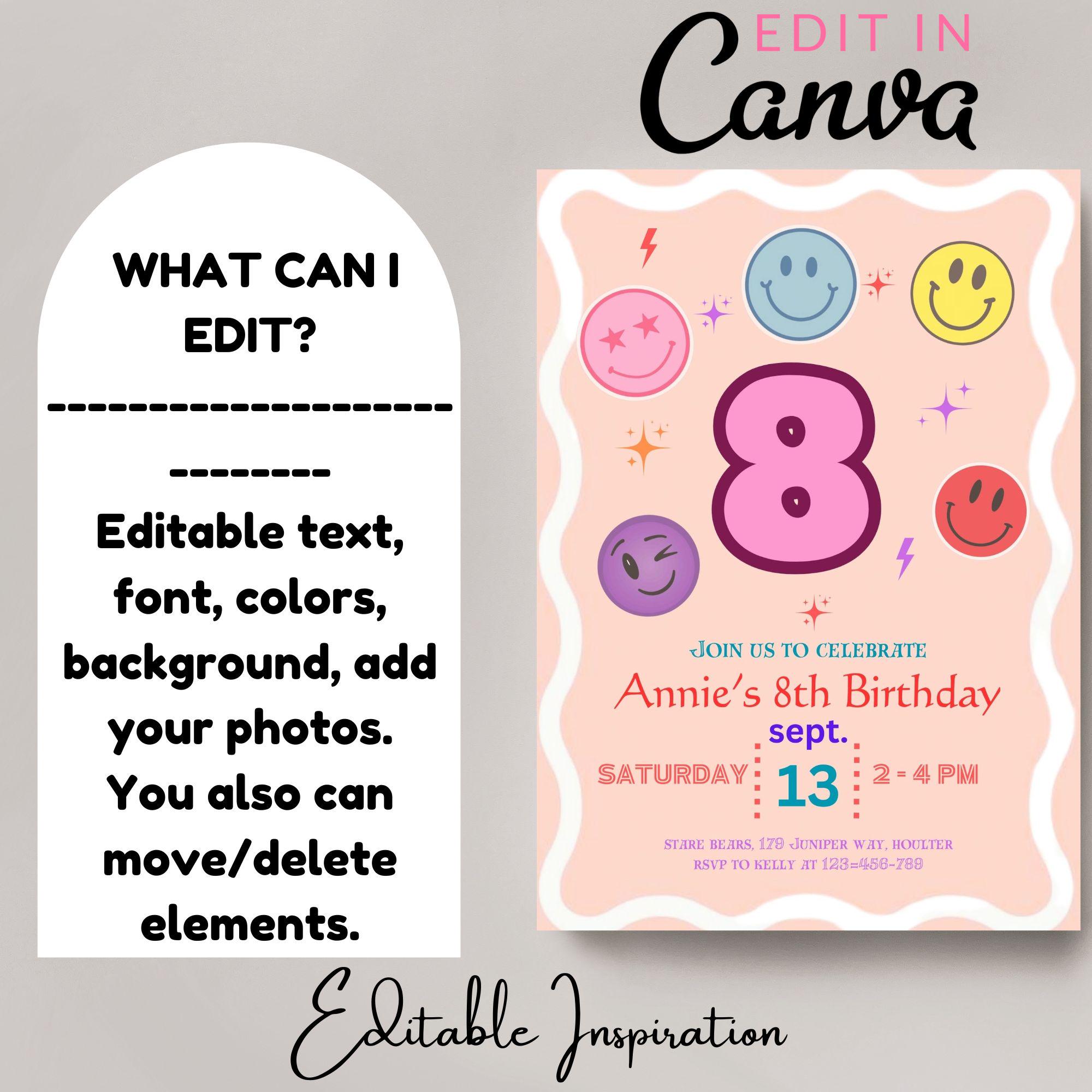 Editable Smiley Face Invite, Smiley Face Birthday, Emoji Invitation ...
