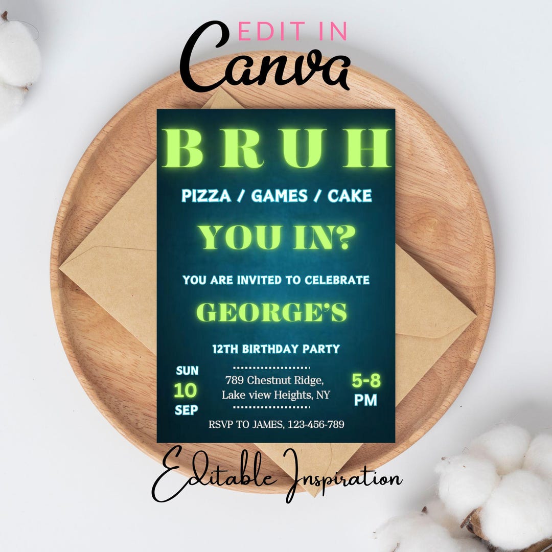 Bruh Neon Birthday Invitation, Boy Birthday Invitation, Teenager ...