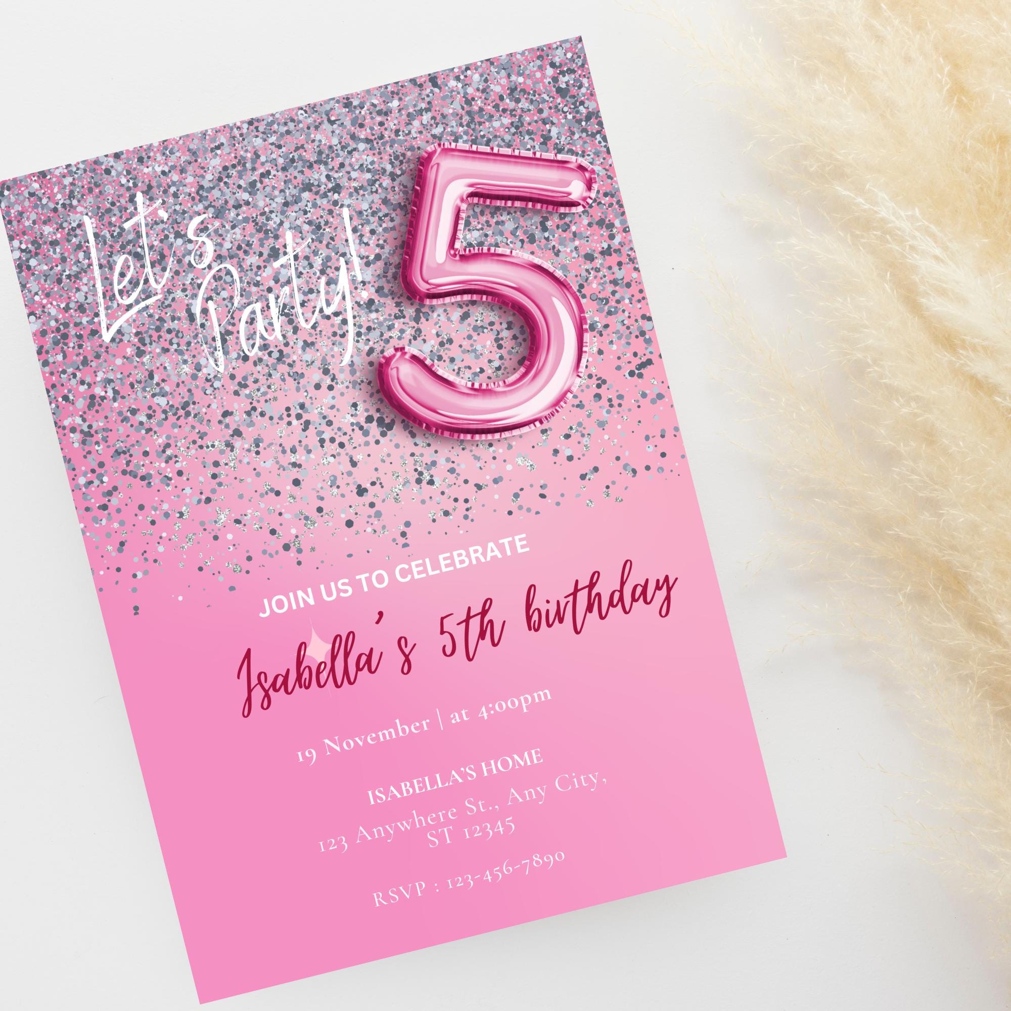 Editable Pink 5th Birthday Invitation Template Glitter Birthday Party ...