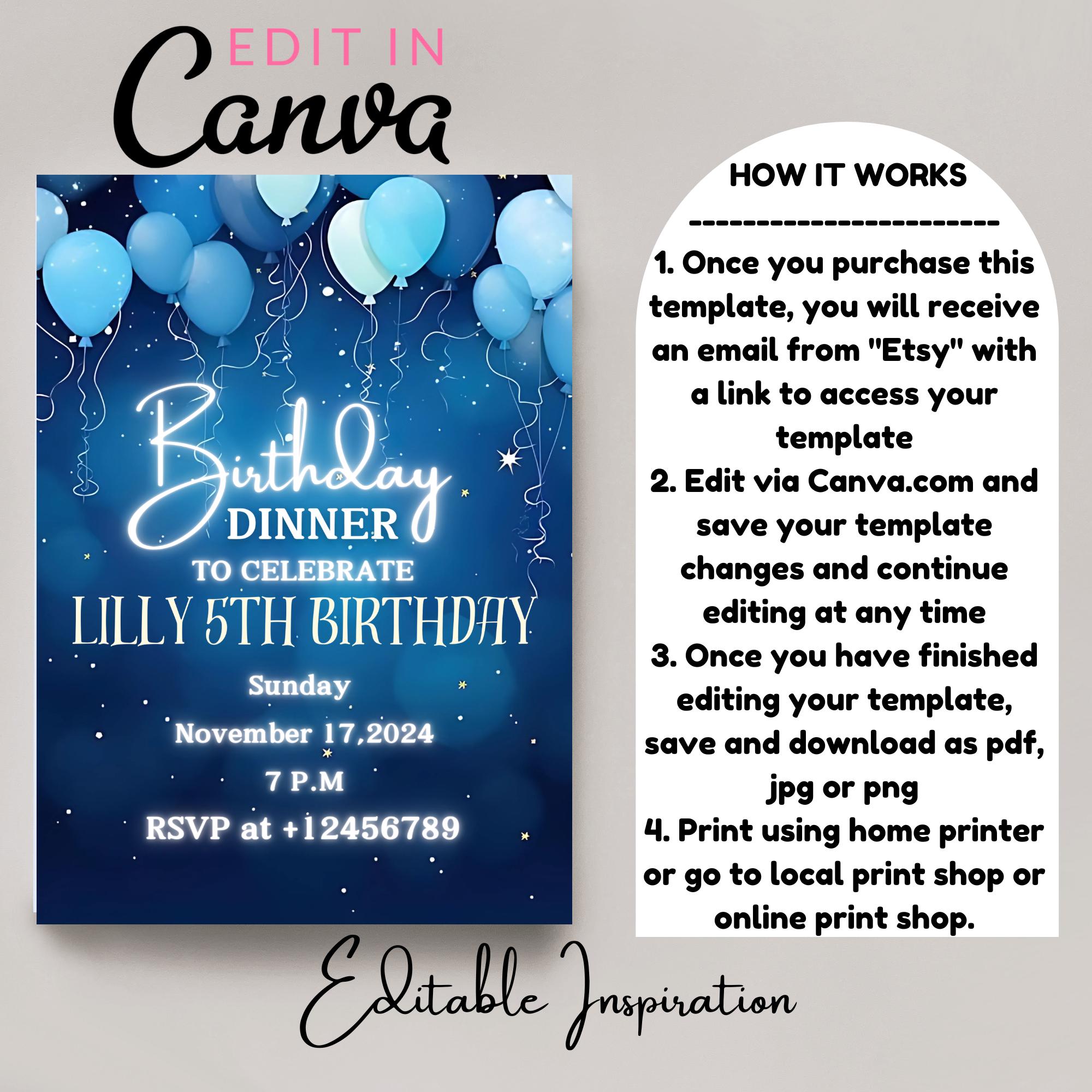 Editable Balloon Invitation Template, Printable Blue Balloons Birthday ...