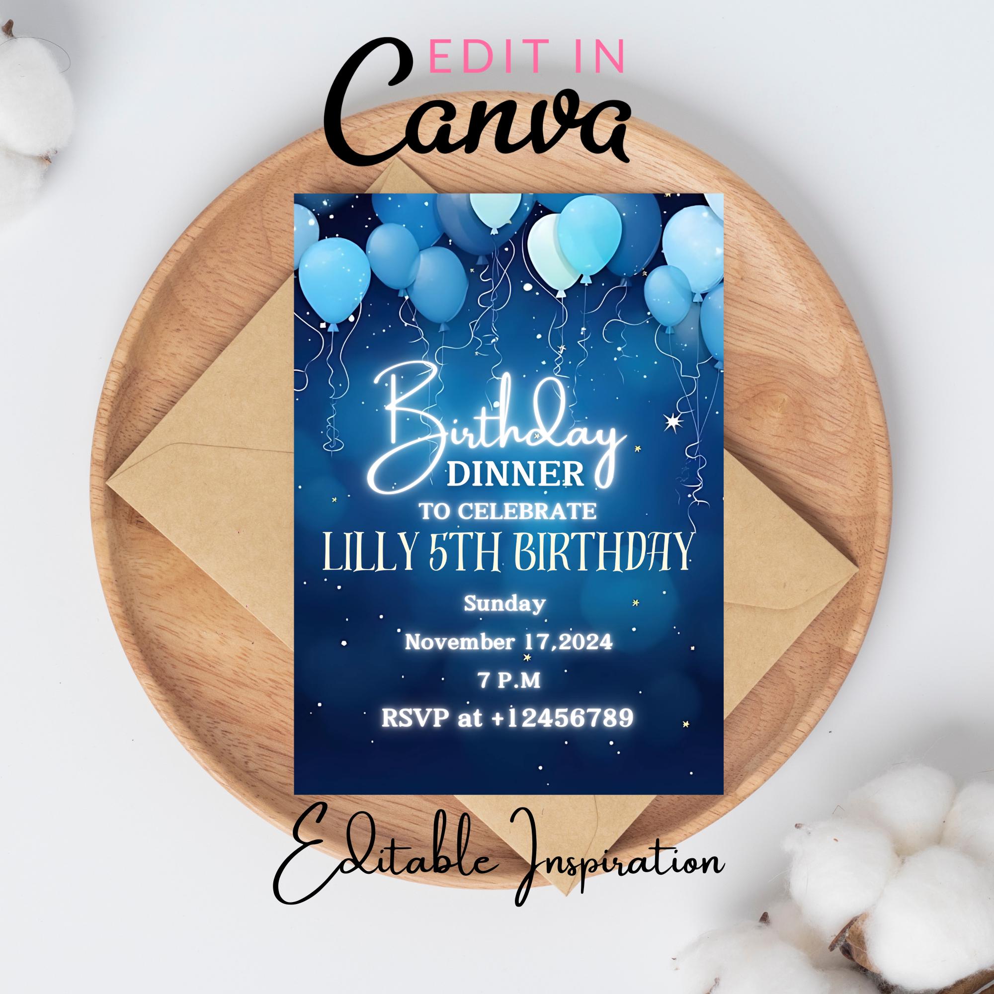 Editable Balloon Invitation Template, Printable Blue Balloons Birthday ...