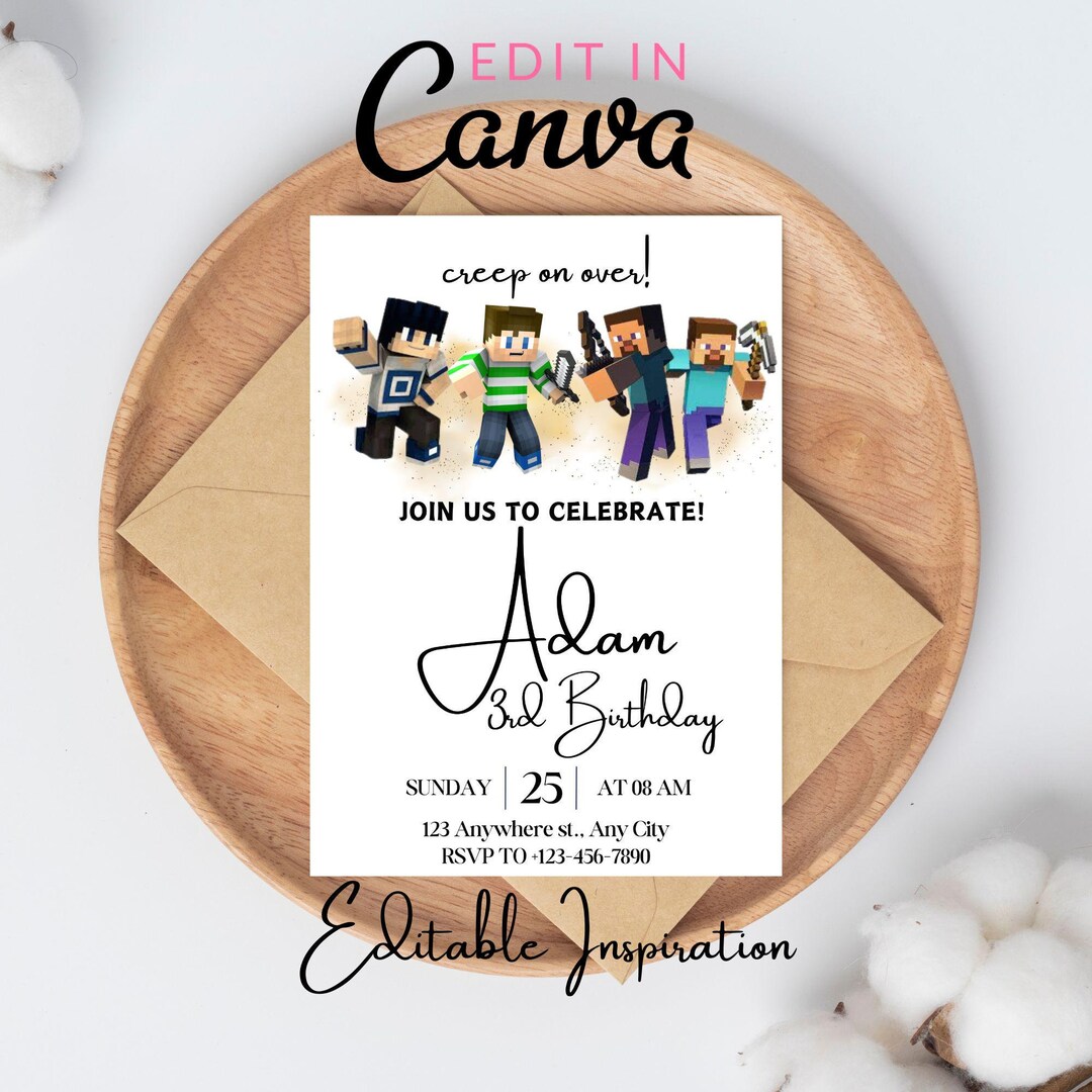 Minecraft Birthday Canva Invitation Editable Template, Personalized ...