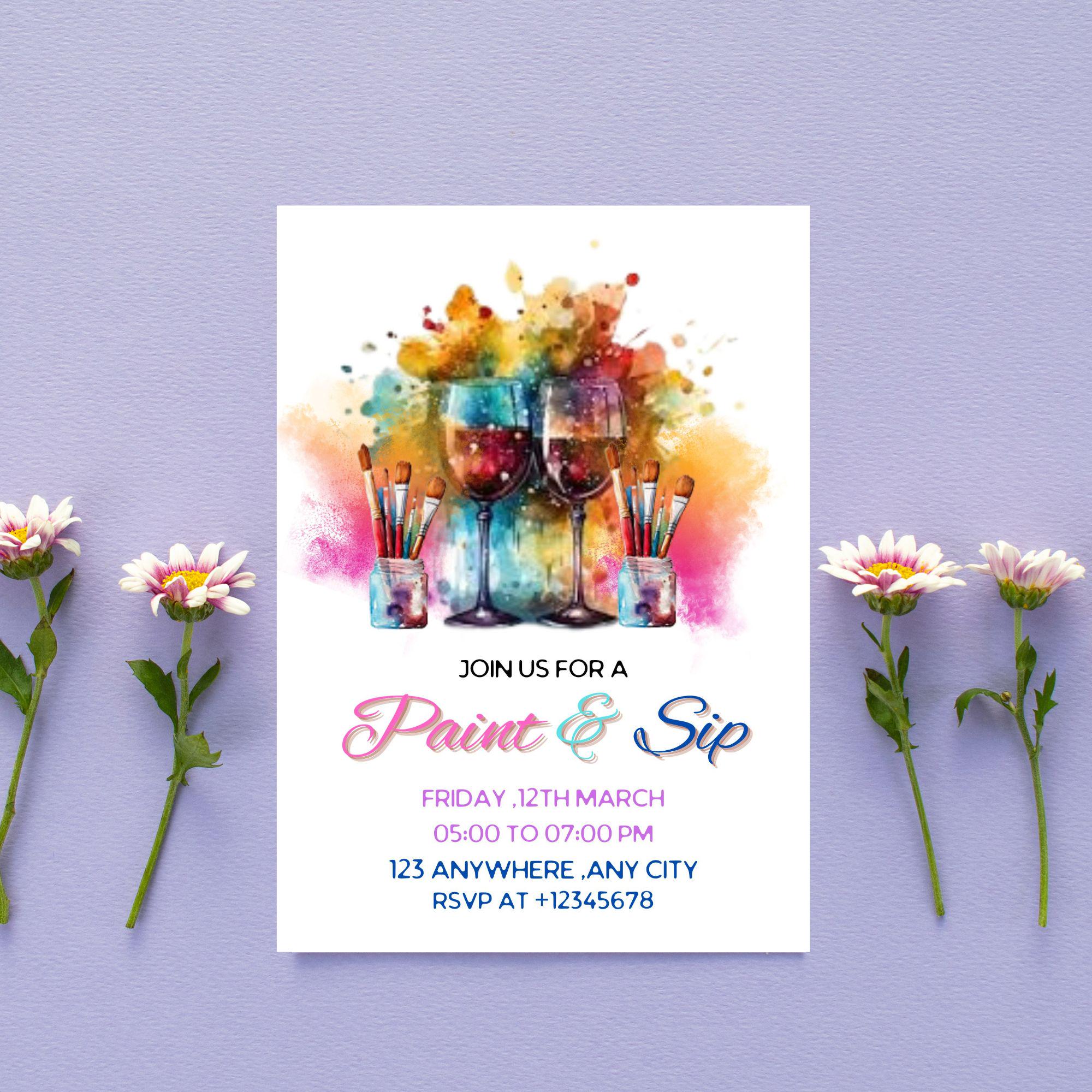 Paint and Sip Party Editable Canva Invitation, Paint Party, Sip and ...