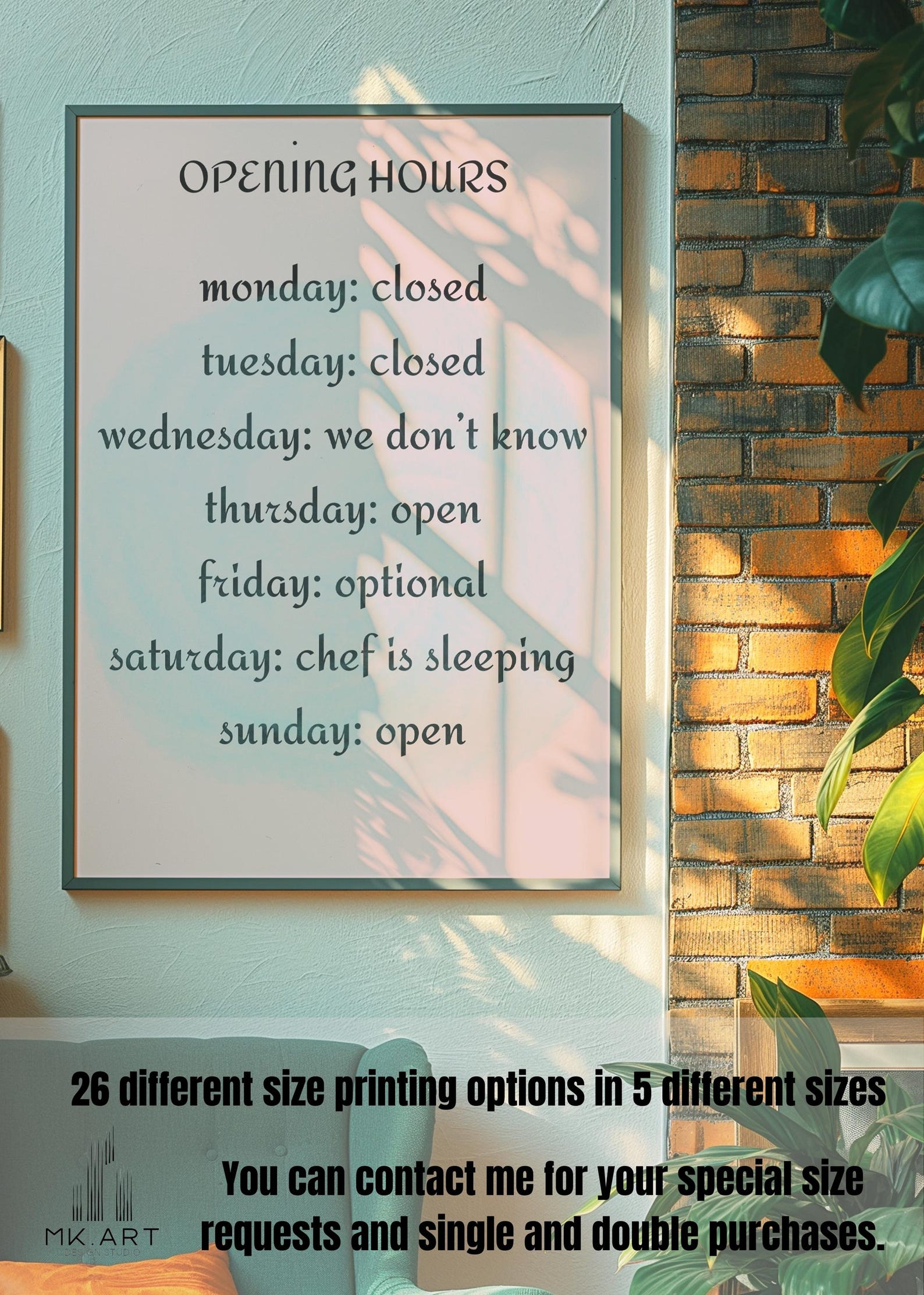 Funny Opening Hours Printable Wall Art -unique Restaurant Schedule Sign ...