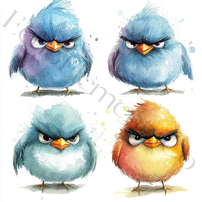 Grumpy Birds Clipart Set, Cute Fluffy Watercolor Birds, High Quality ...