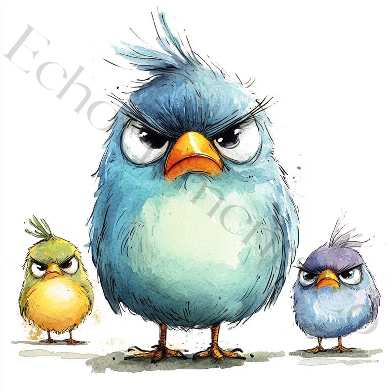 Grumpy Birds Clipart Set, Cute Fluffy Watercolor Birds, High Quality ...