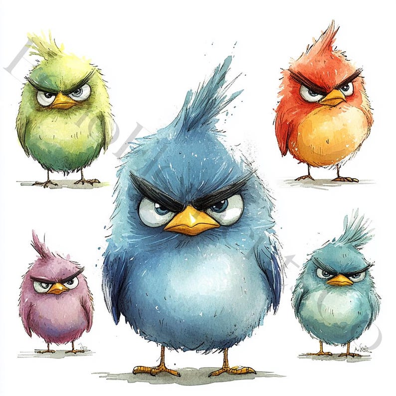 Grumpy Birds Clipart Set, Cute Fluffy Watercolor Birds, High Quality ...