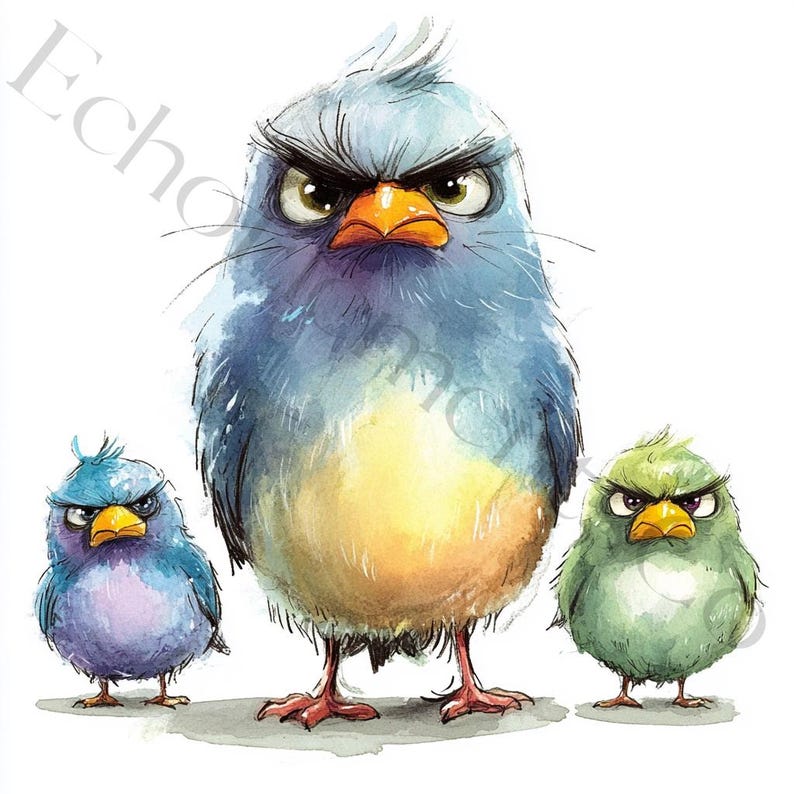 Grumpy Birds Clipart Set, Cute Fluffy Watercolor Birds, High Quality ...