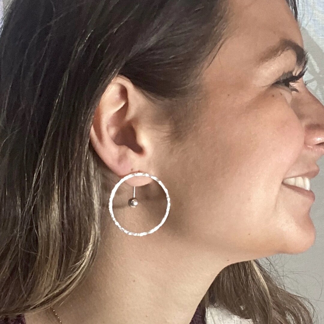 Round Silver Hoops Artisan Sterling Circle With 6mm Silver Bead Ear Nut ...