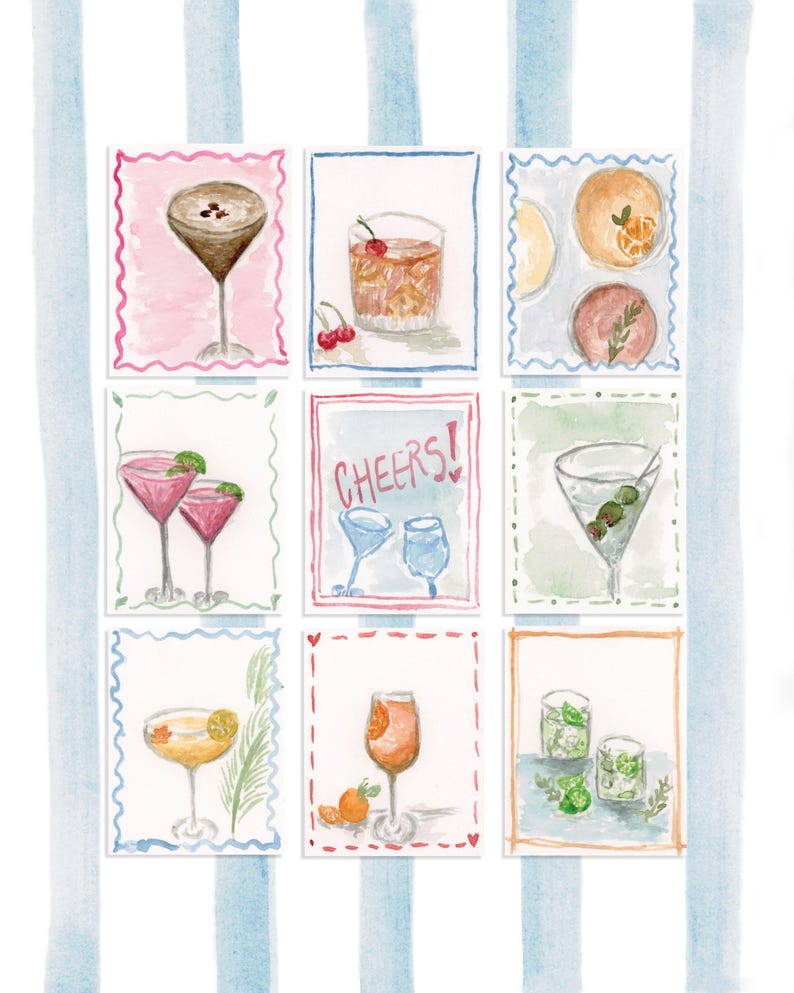 Watercolor Cocktail Stamp Print: Retro Summer Drink Wall Art - Etsy