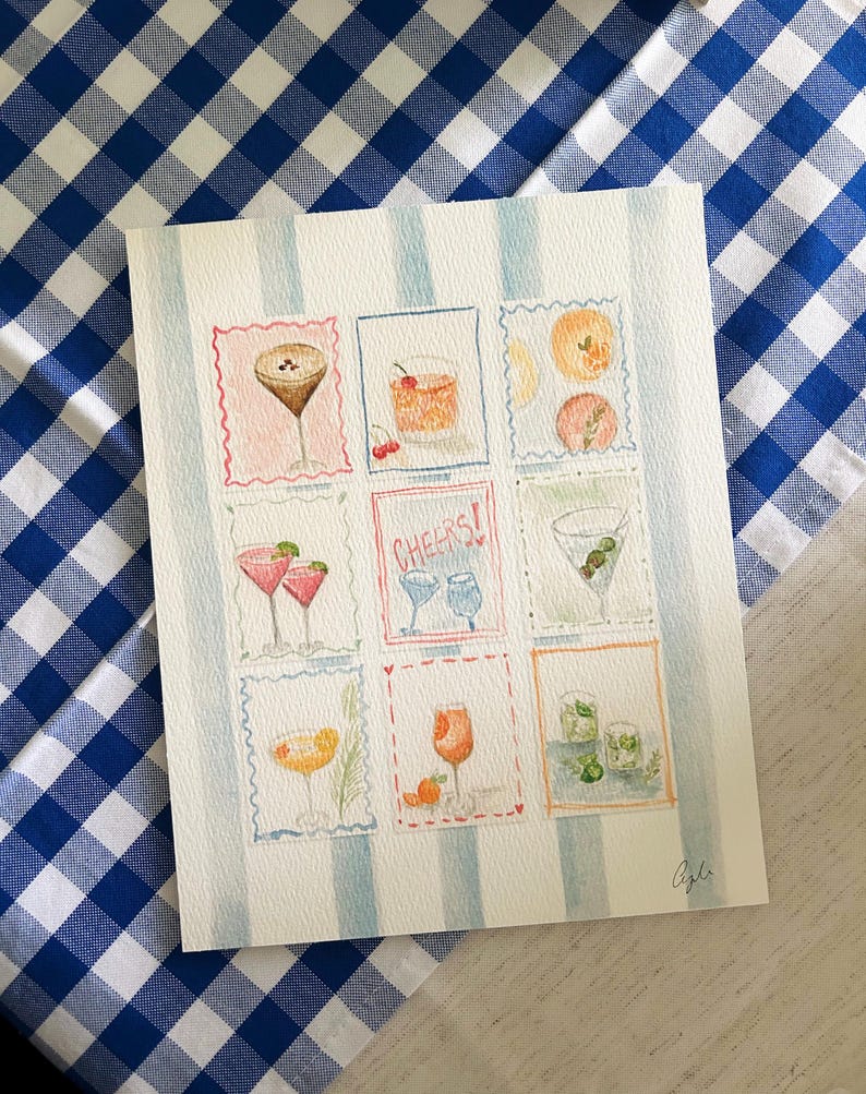 Watercolor Cocktail Stamp Print: Retro Summer Drink Wall Art - Etsy