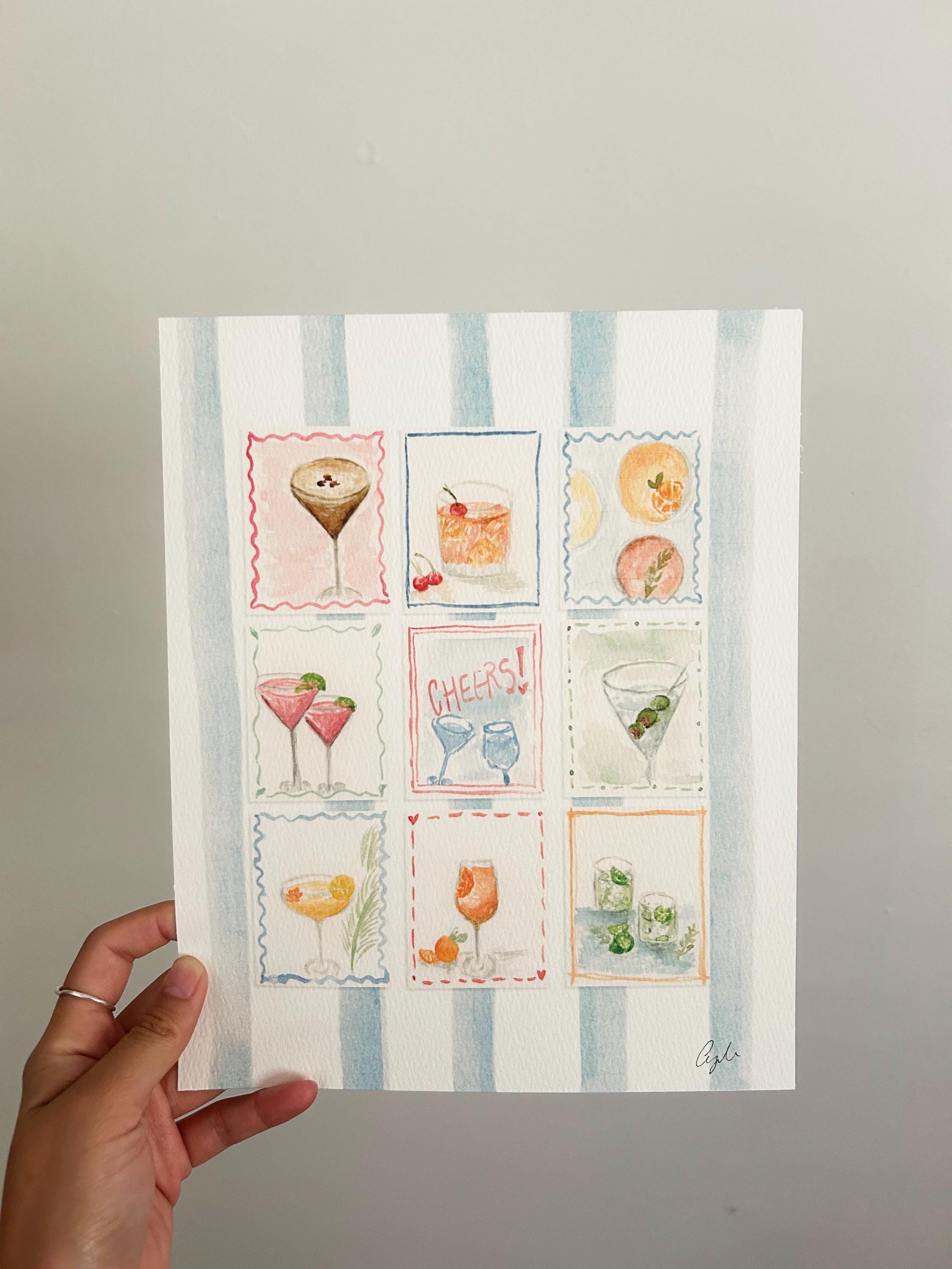 Watercolor Cocktail Stamp Print: Retro Summer Drink Wall Art - Etsy