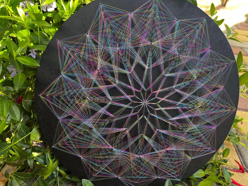 Handmade Multicolor String Art Mandala on Black - 35 Cm Round Wall ...