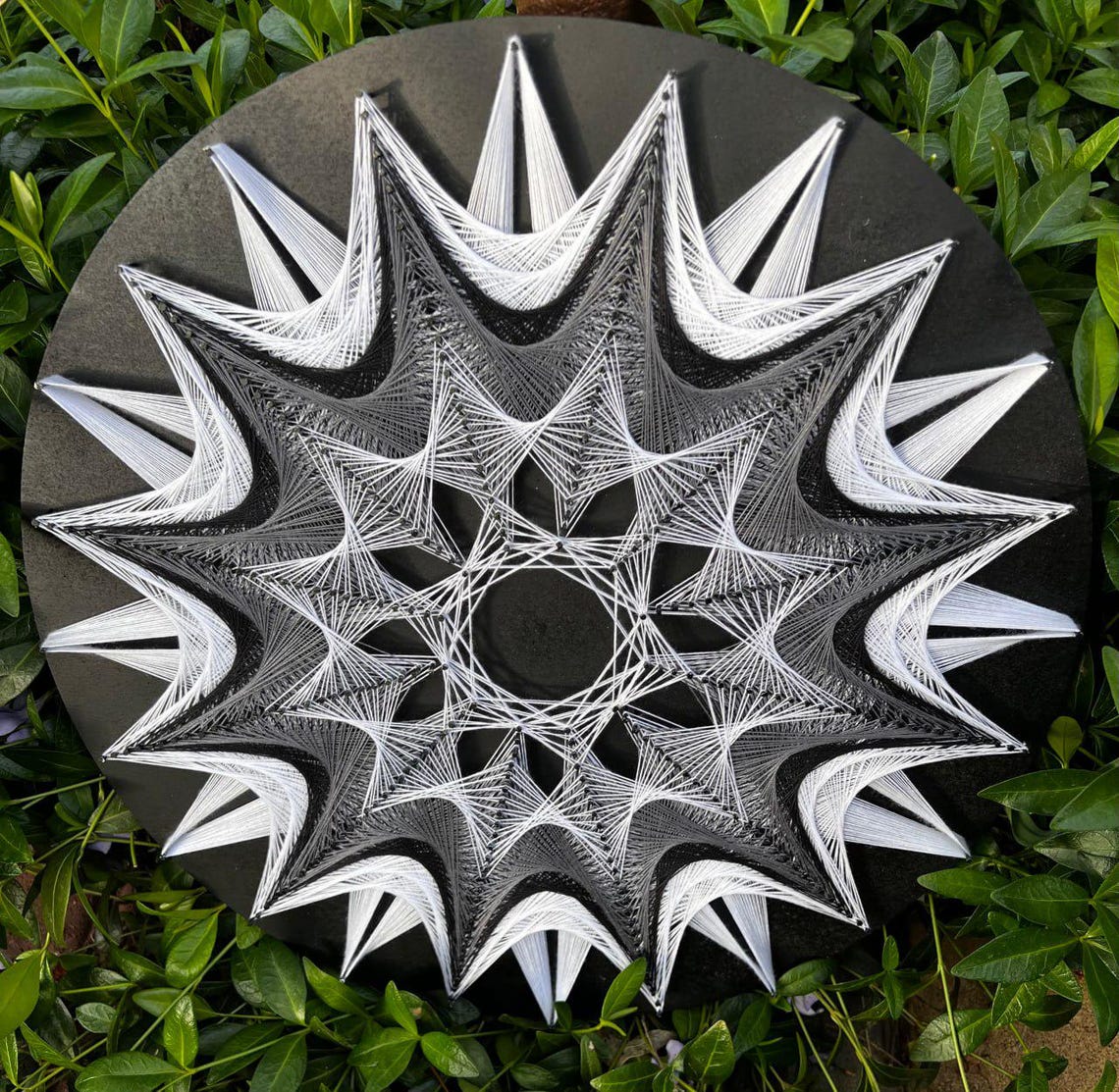 Handmade Gray and White String Art Sun Mandala - 35 Cm Round Wall Decor ...