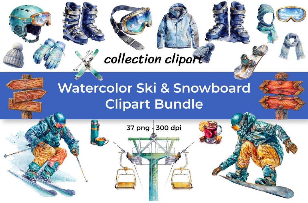 Winter Clipart PNG Bundle Watercolor Ski & Snowboard Clipart Bundle ...