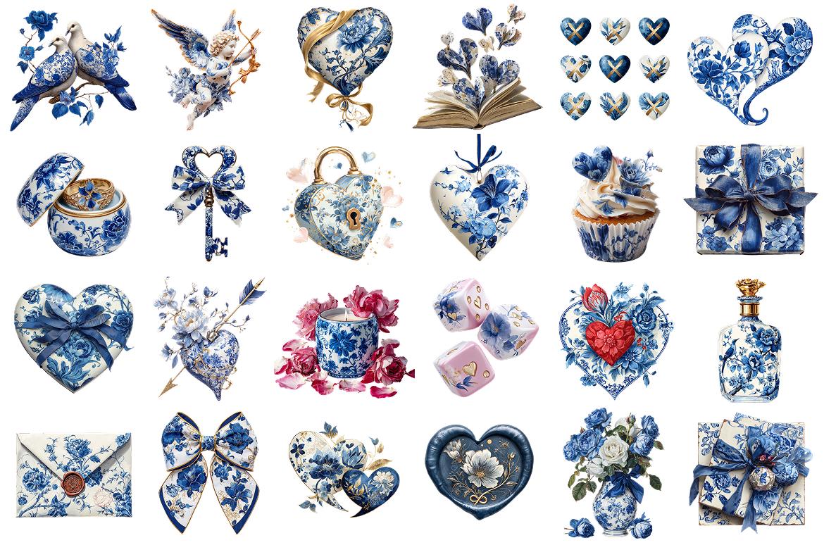 Watercolor Delft Blue Valentine Clipart: Porcelain Flowers, Hearts (PNG ...