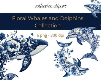 Floral Whales and Dolphins-watercolor Marine Animals Clipart-ocean ...