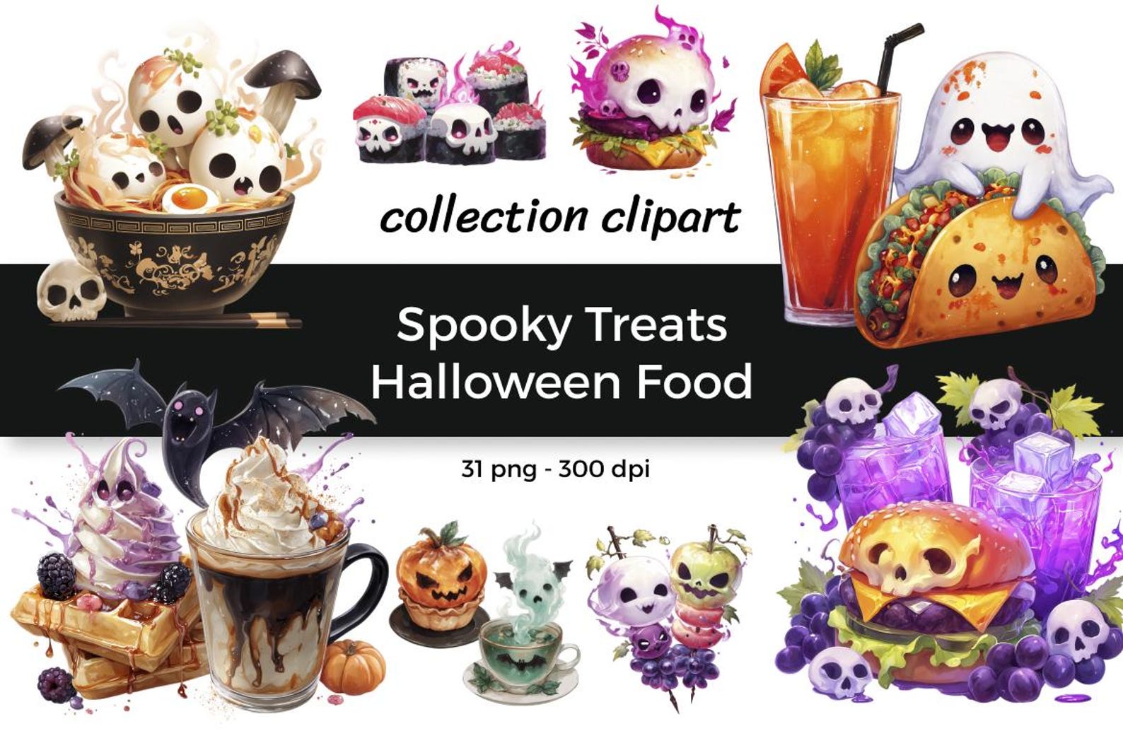 Halloween Food Clipart Bundle: Spooky Watercolor Treats (31 PNG, 300 ...