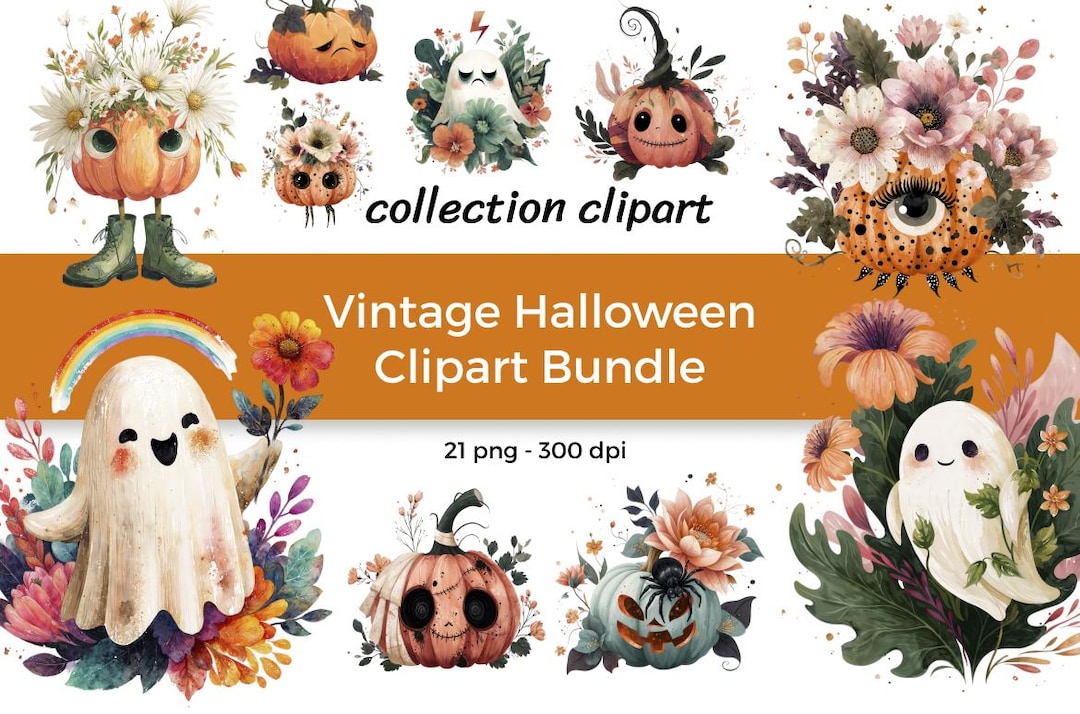 Vintage Halloween Clipart Bundle: Watercolor Pumpkins, Ghosts (21 PNG ...