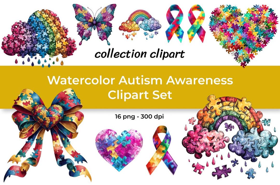 Watercolor Autism Awareness Clipart: Puzzle Ribbons, Hearts, Infinity ...