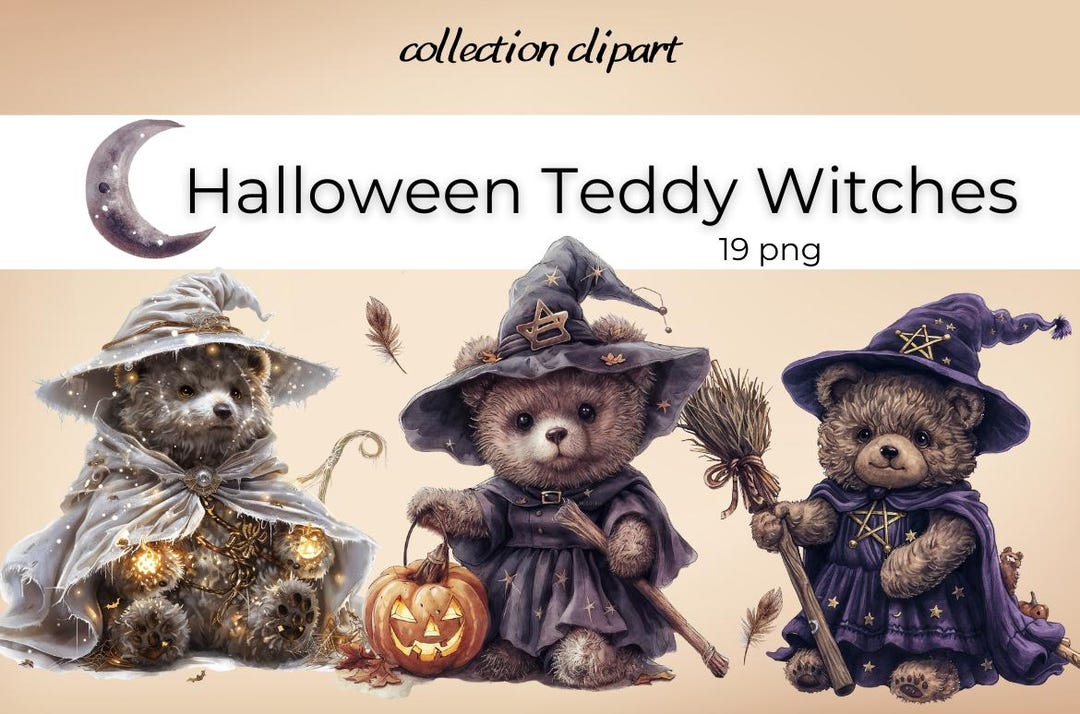 Halloween Teddy Bear Witches Clipart: 19 PNG Illustrations (digital ...