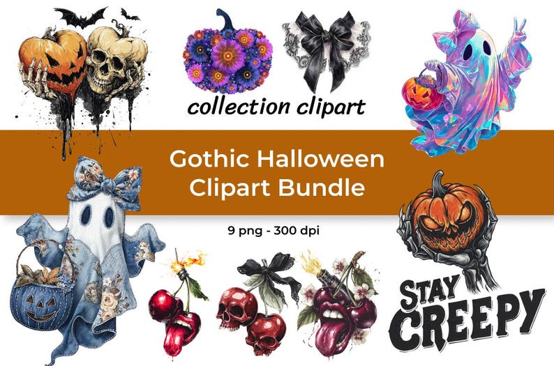 Gothic Halloween Clipart Bundle – Creepy Pumpkins, Skulls, Ghosts ...