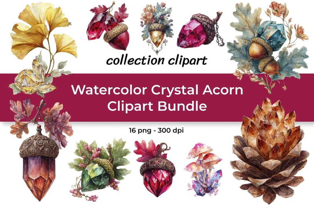 Watercolor Crystal Acorn Clipart Bundle: Fantasy Forest PNG (digital ...