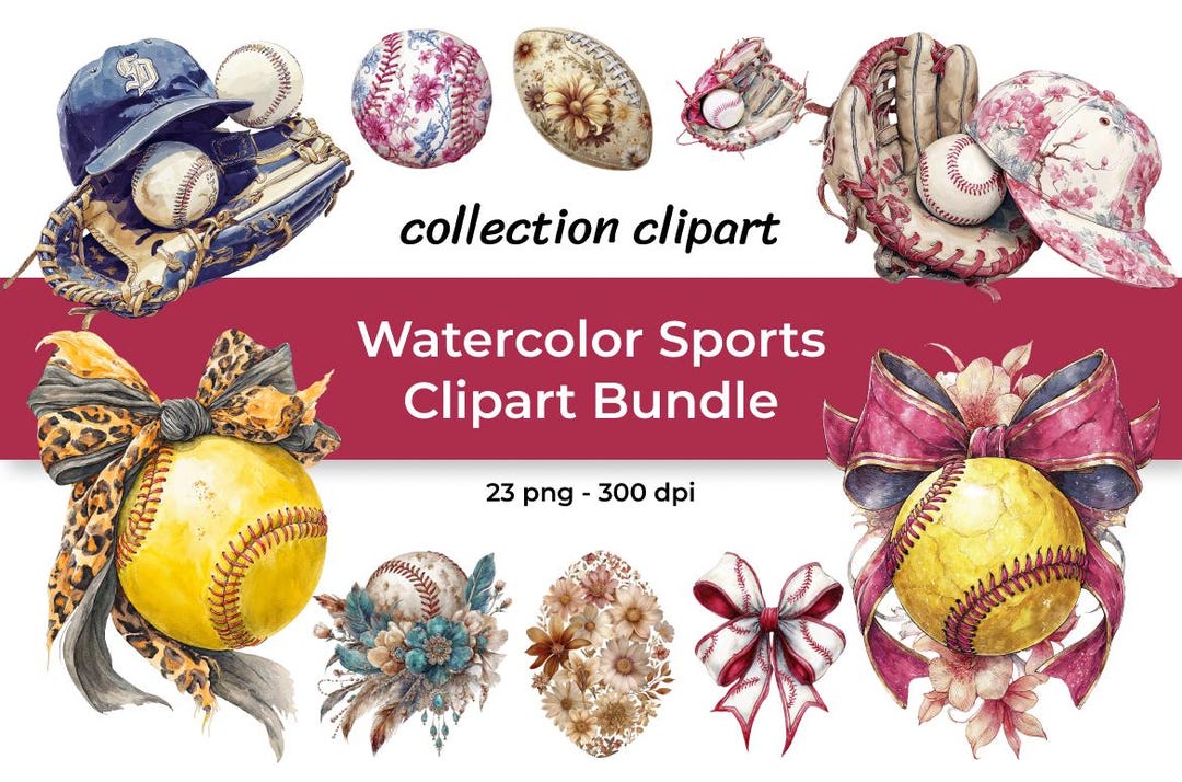 Watercolor Sports Clipart Bundle: Floral Baseball & Football Designs ...