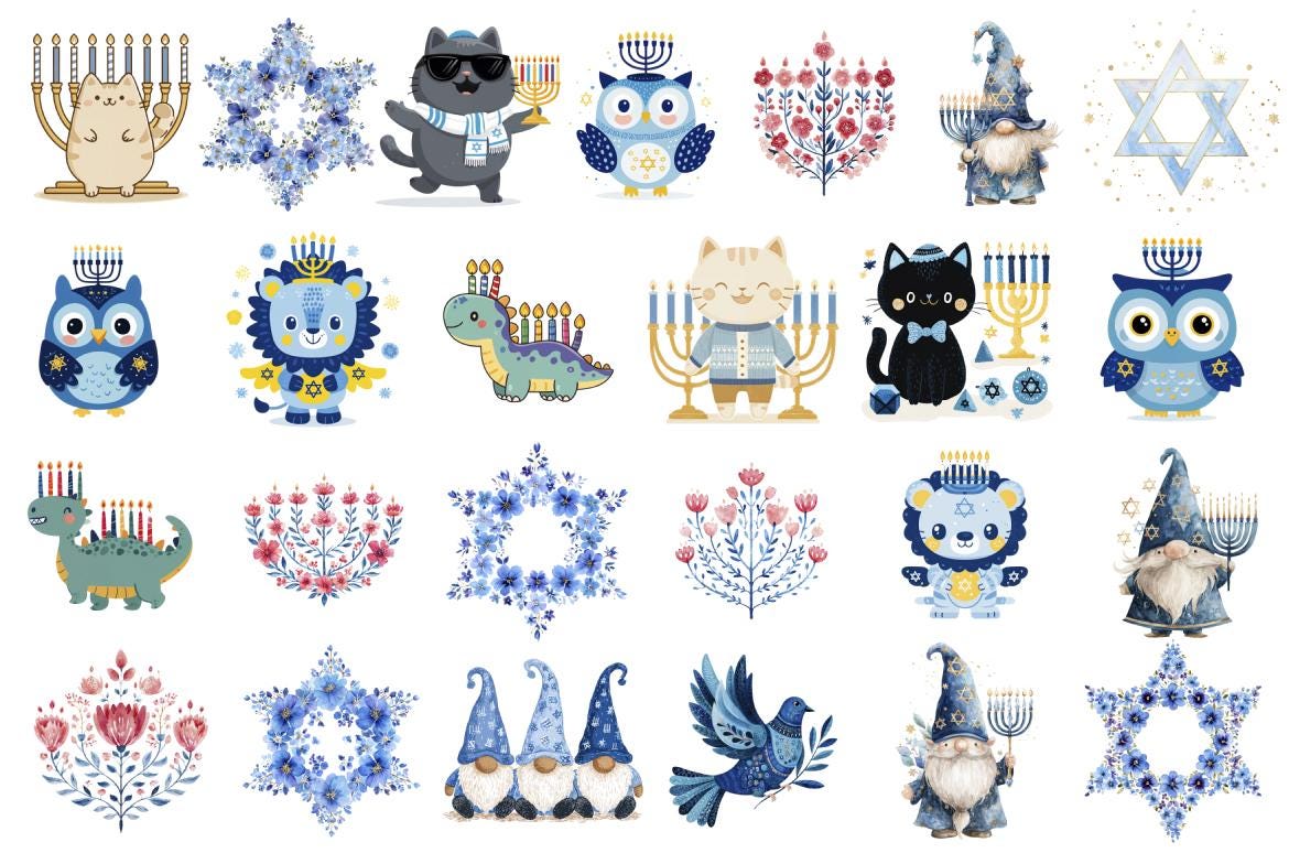 Hanukkah Kids Clipart Bundle: Menorah Animals, Dinosaur Judaica Art (25 ...