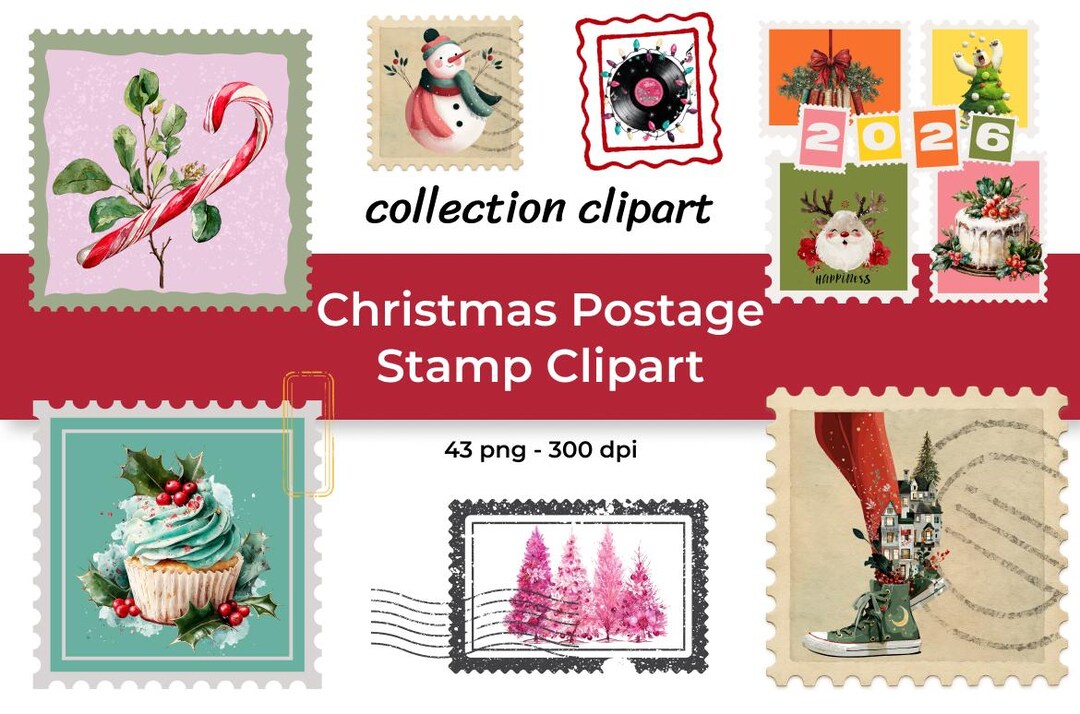 Vintage Christmas Postage Stamp Clipart | Holiday Ephemera (digital ...