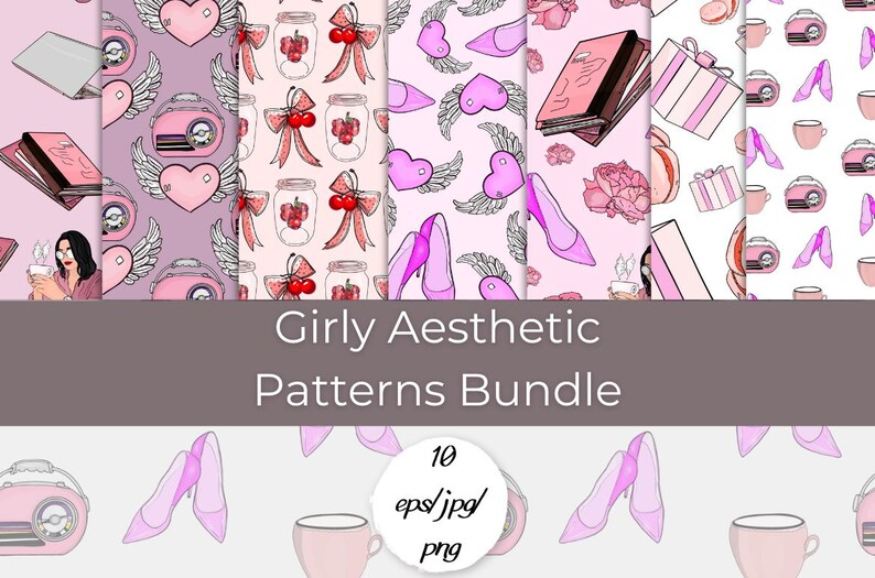 Girly Seamless Patterns Bundle – Coffee, Makeup, Fashion 10 Png/jpg/eps ...
