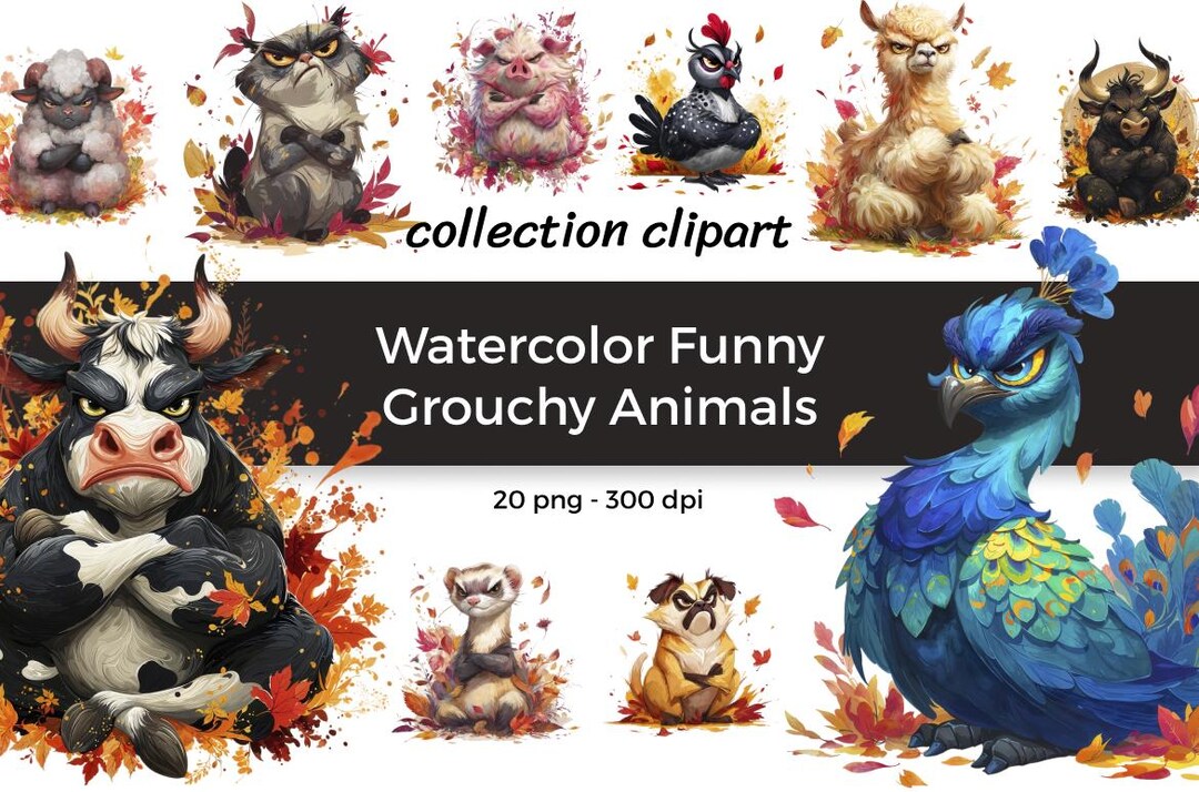 Watercolor Funny Grouchy Animals Clipart Bundle - Grumpy Animals in ...