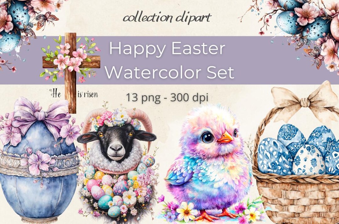 Happy Easter Watercolor Clipart Set – 13 PNG | Rustic Pastel Spring ...