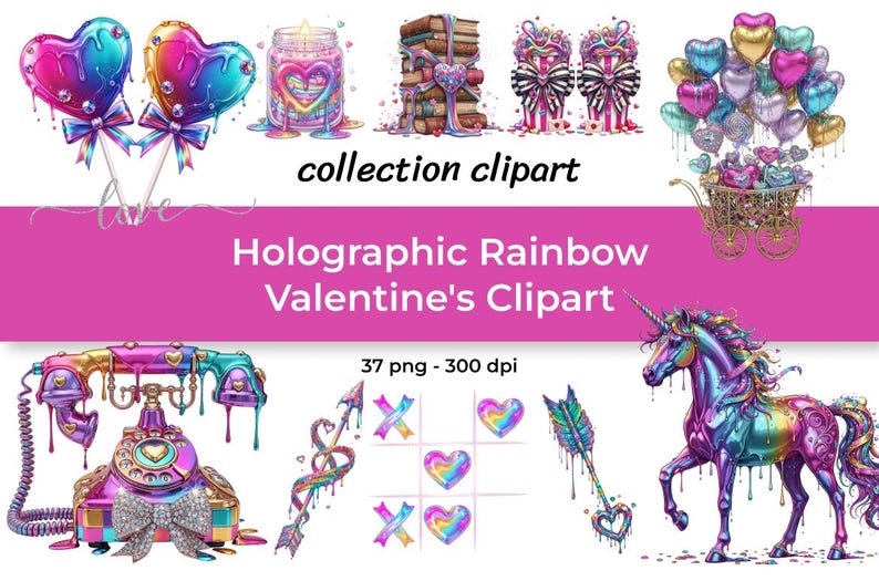 Holographic Valentine Clipart Bundle – Rainbow Hearts & Unicorns (37 ...