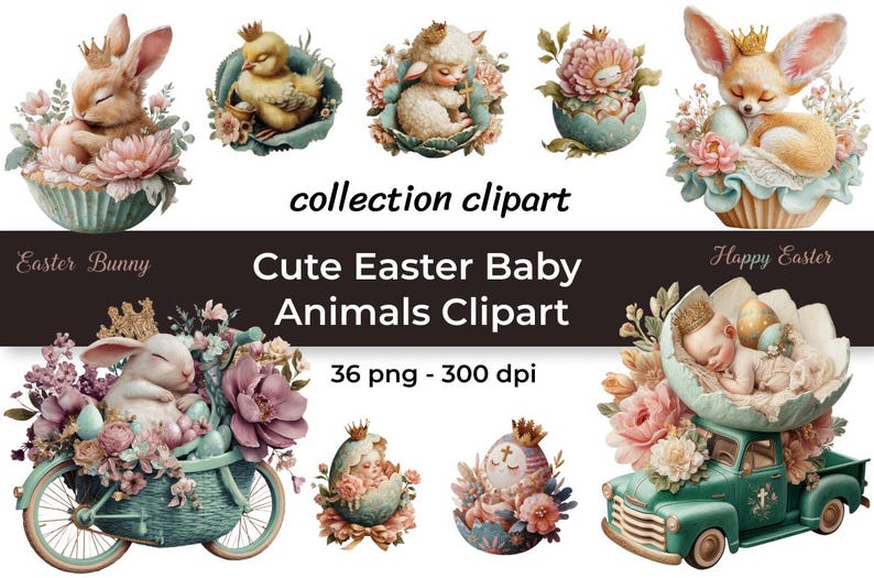 Cute Easter Baby Animals Clipart Bundle - Whimsical Spring Fairytale ...