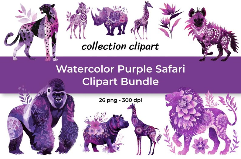 Watercolor Purple Safari Clipart Bundle - Floral Savanna Animals ...
