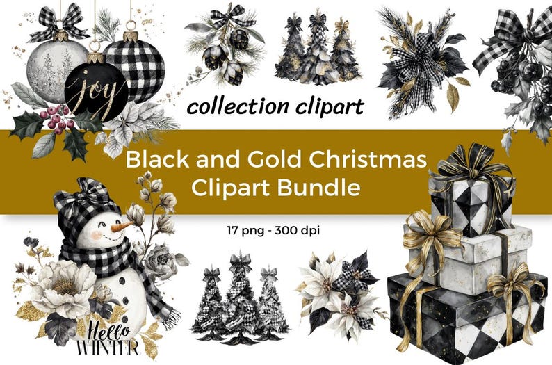 Black and Gold Christmas Clipart Bundle: Plaid Snowmen & Trees (17 PNG ...