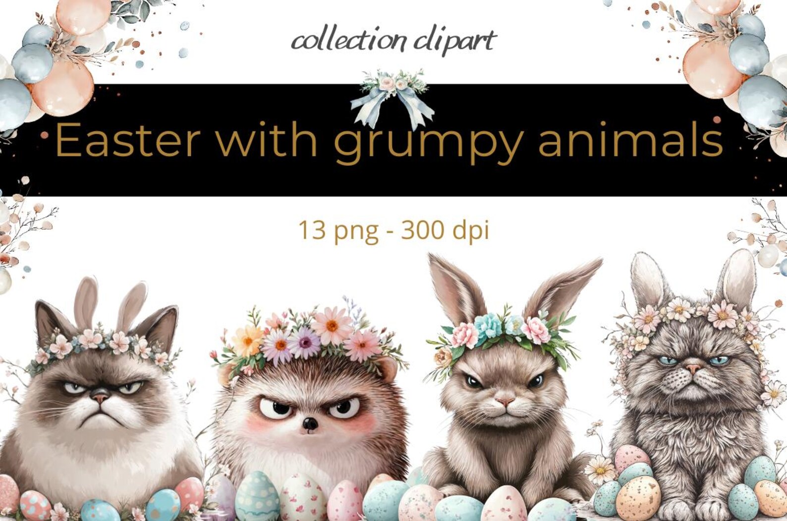 Easter Grumpy Animals Collection-watercolor Animals Clipart-spring ...