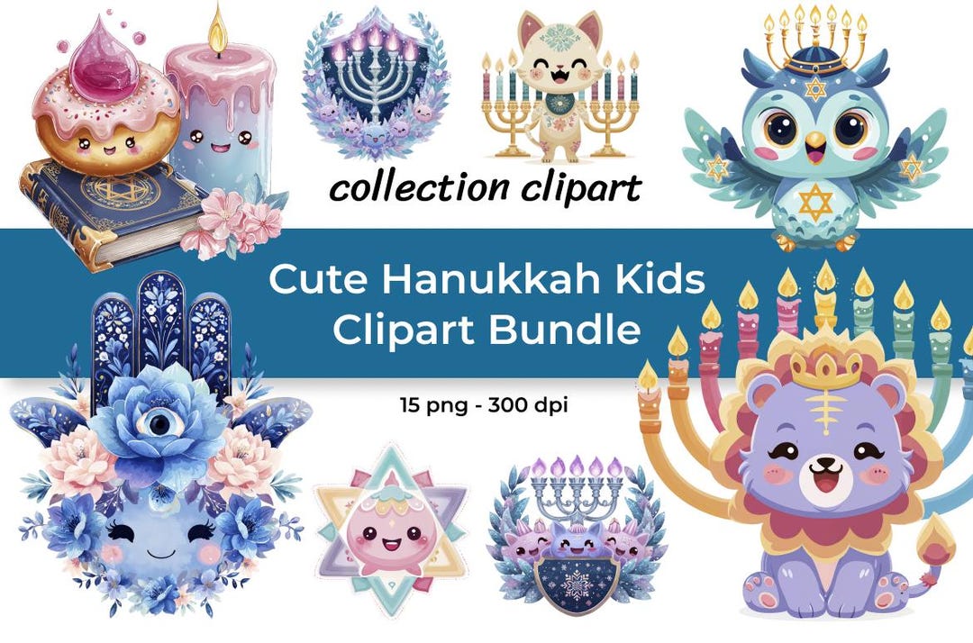 Hanukkah Kids Clipart Bundle: Jewish Holiday Animals & Treats (15 PNG ...