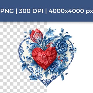 Watercolor Delft Blue Valentine Clipart: Porcelain Flowers, Hearts (PNG ...