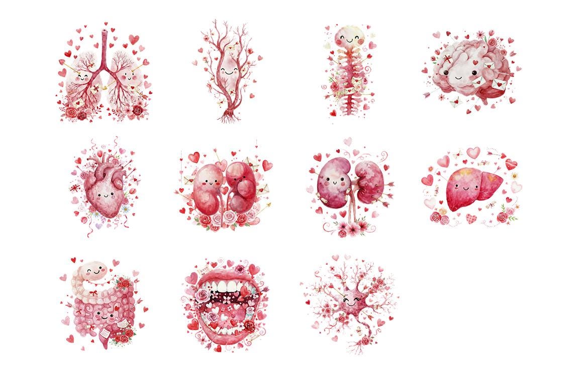 Kawaii Anatomy Valentine Clipart – Medical Organs PNG Set (digital ...