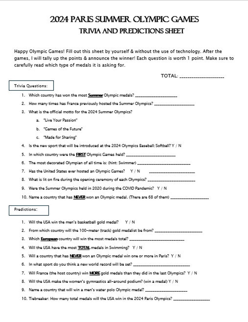 Olympics, Olympic Games, Trivia, Party, Games, Questions, Paris, Sports ...